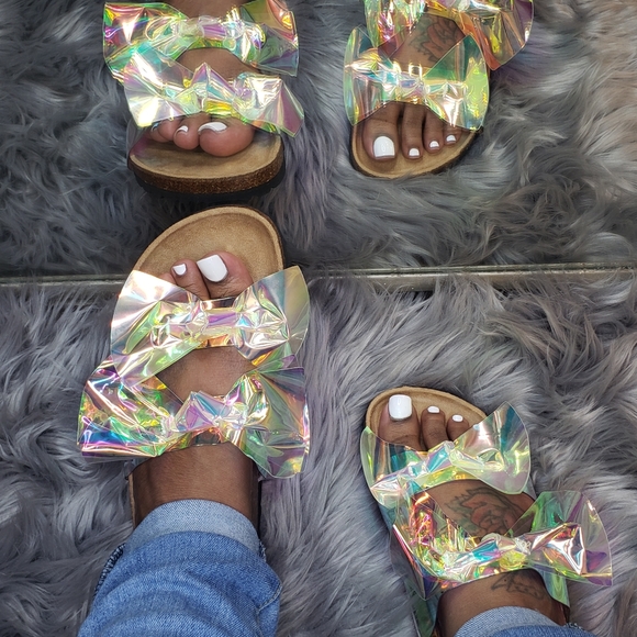 Unk | Shoes | 35 Double Bow Iridescent Slides | Poshmark